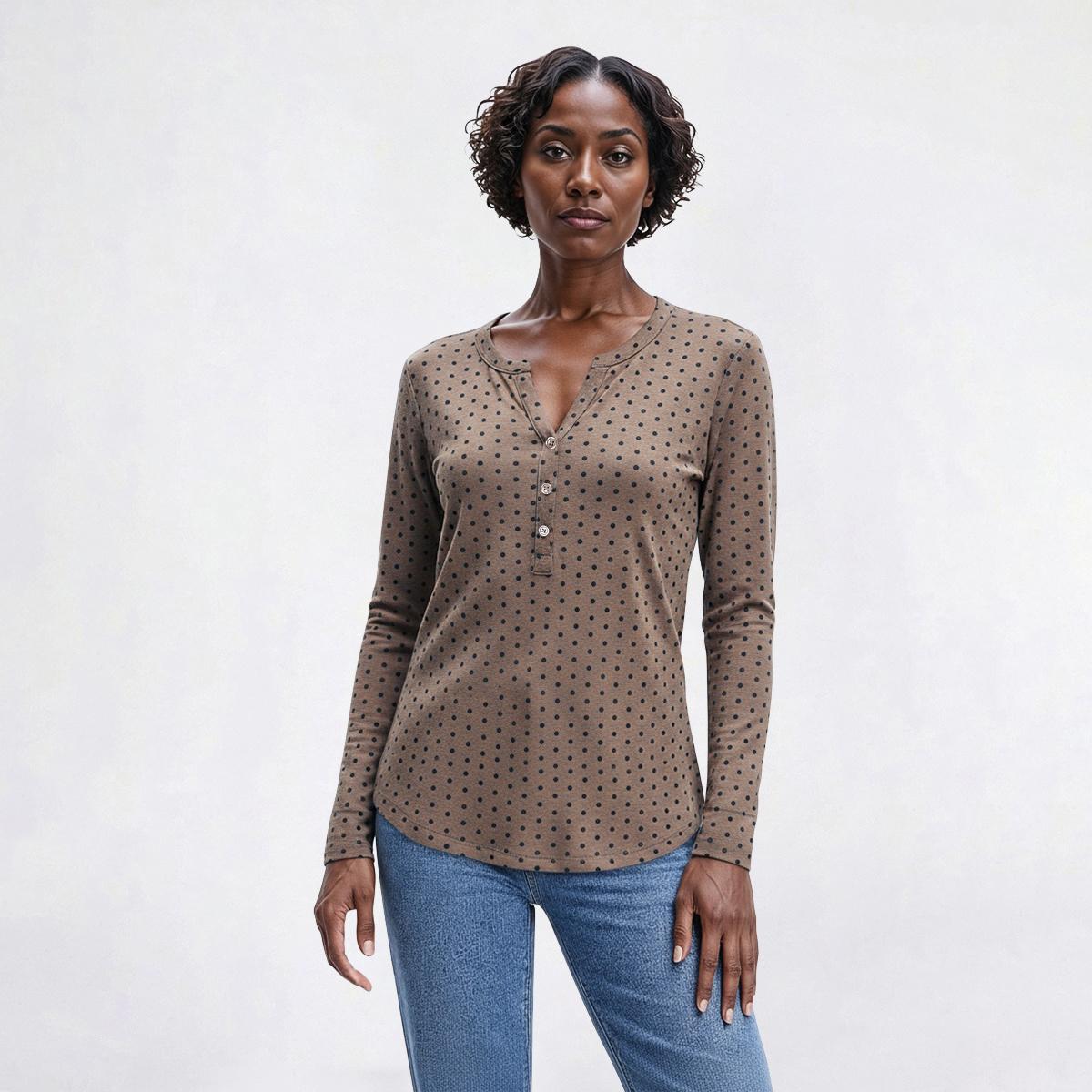 Click here for Petite Emily Daniels Long Sleeve Dot Hacci Henley... prices