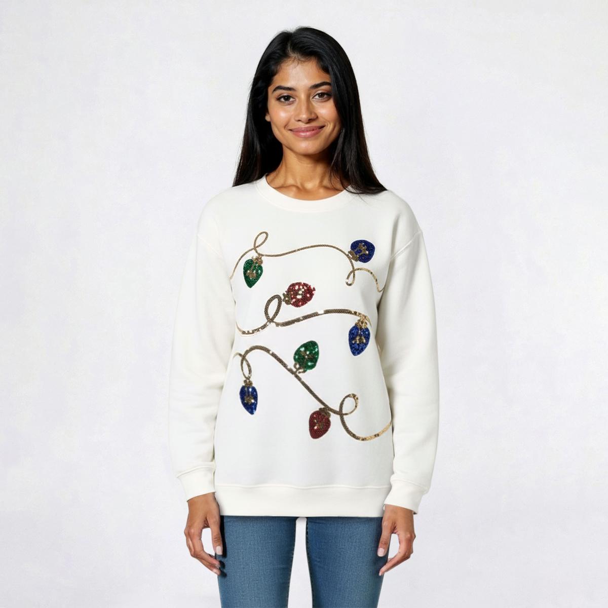 Click here for Juniors No Comment Xmas Light Sequin Crew Neck Swe... prices