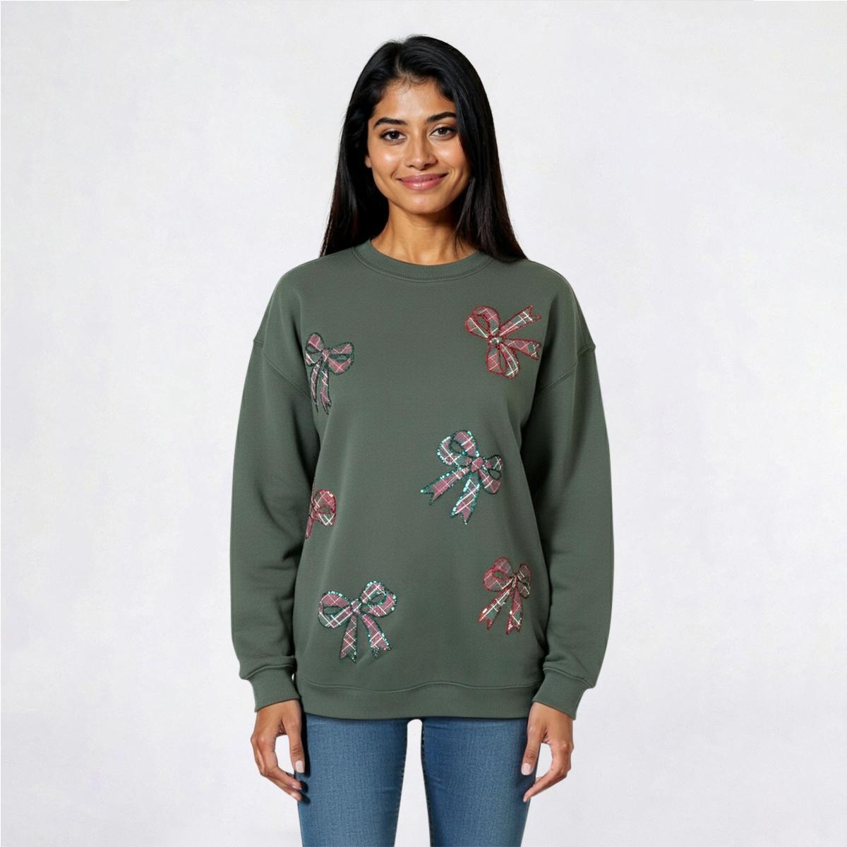 Click here for Juniors No Comment Plaid Bow Sequin Crew Neck Swea... prices