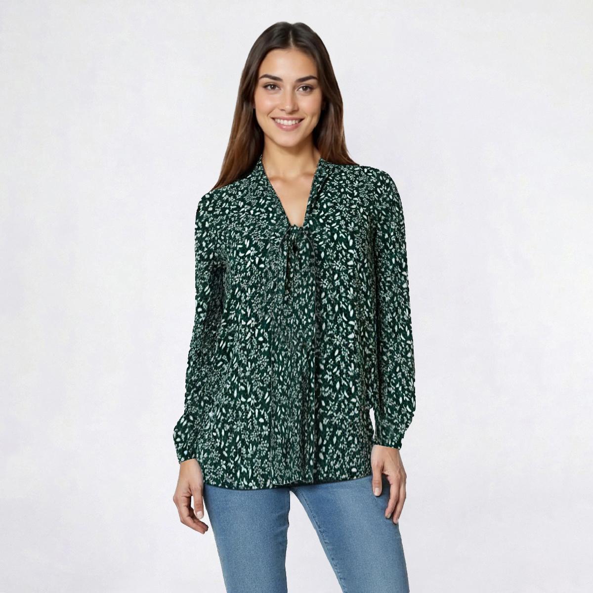 Click here for Womens Adrianna Papell Long Sleeve Tie Neck Leaf B... prices