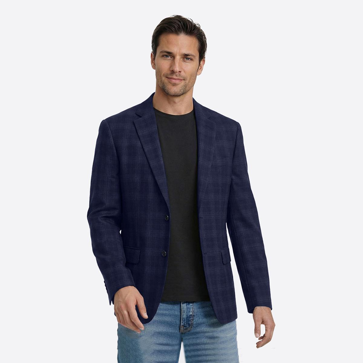 Click here for Mens Chaps Plaid Sport Coat - Navy/Brick prices