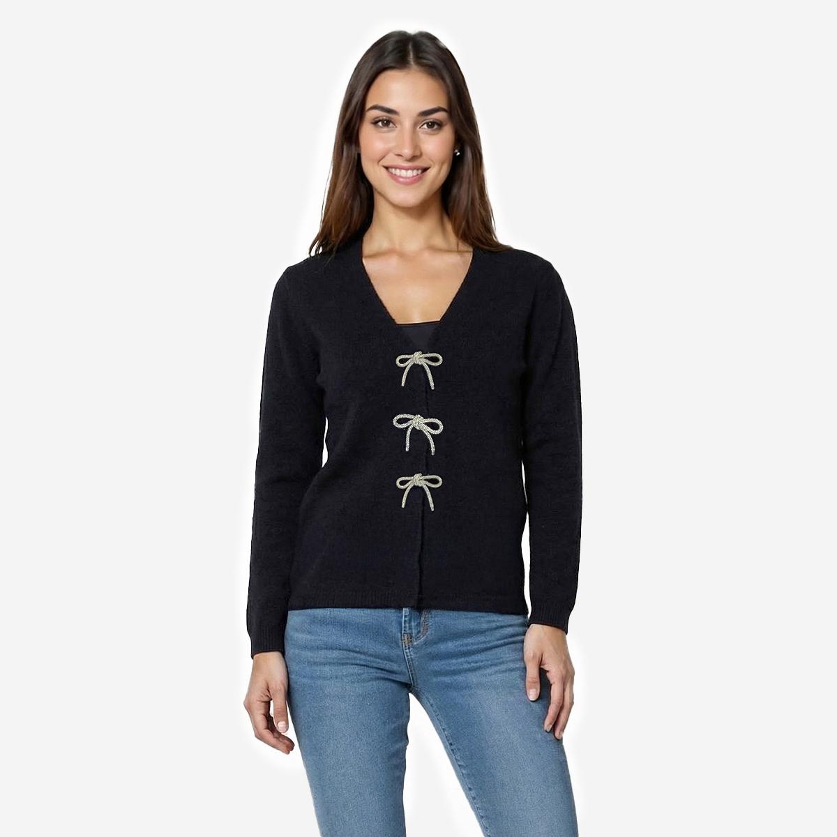 Click here for Petite Zac & Rachel Long Sleeve Rhinestone Bow V N... prices