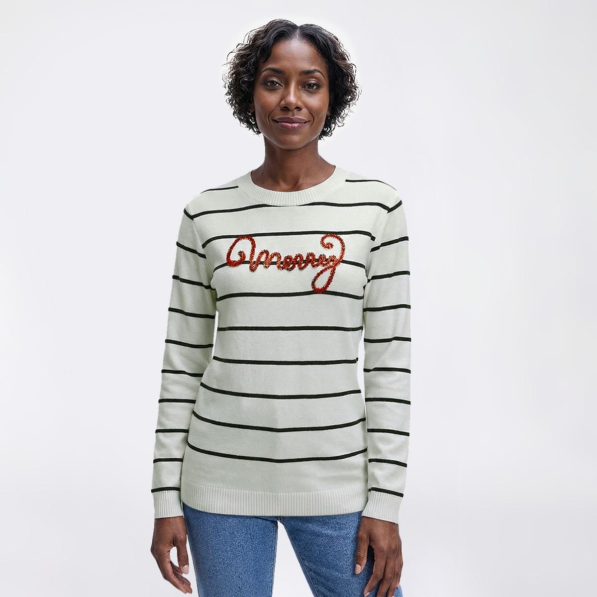 Click here for Petite Emily Daniels Stripe Merry Hacci Sweater prices