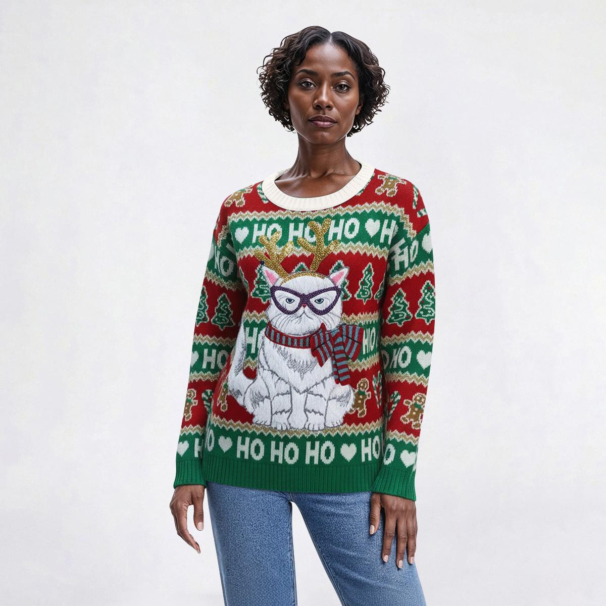 Click here for Womens 33 Degrees HO HO HO Cat Ugly Christmas Swea... prices