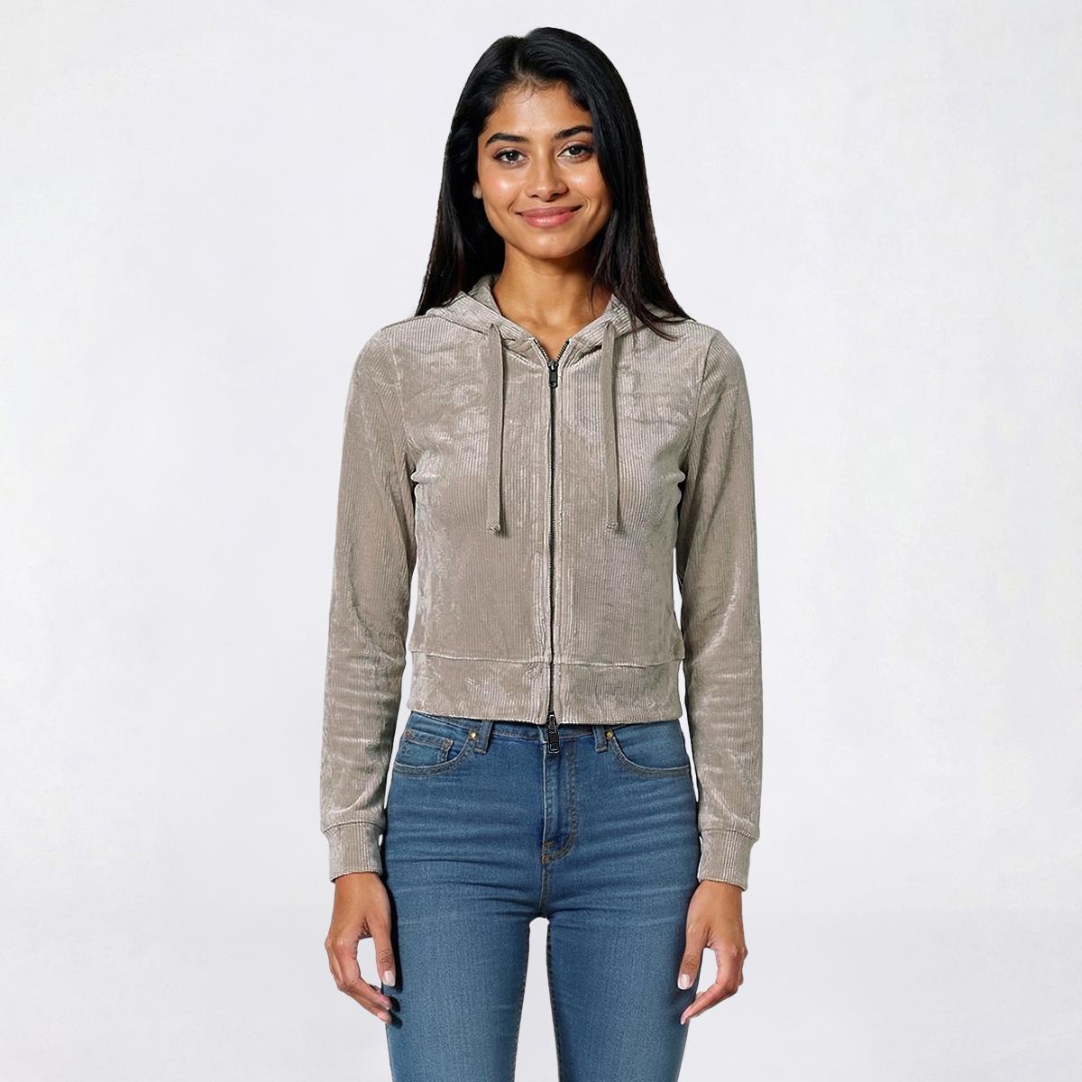 Click here for Juniors Pink Rose Rib Velour Two-Way Zip Hoodie Ja... prices