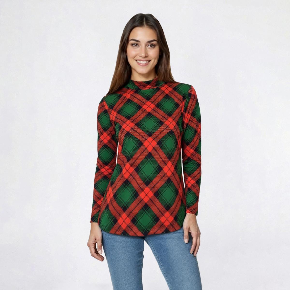 Click here for Womens Runway Ready Christmas Plaid Mock Neck Tee prices