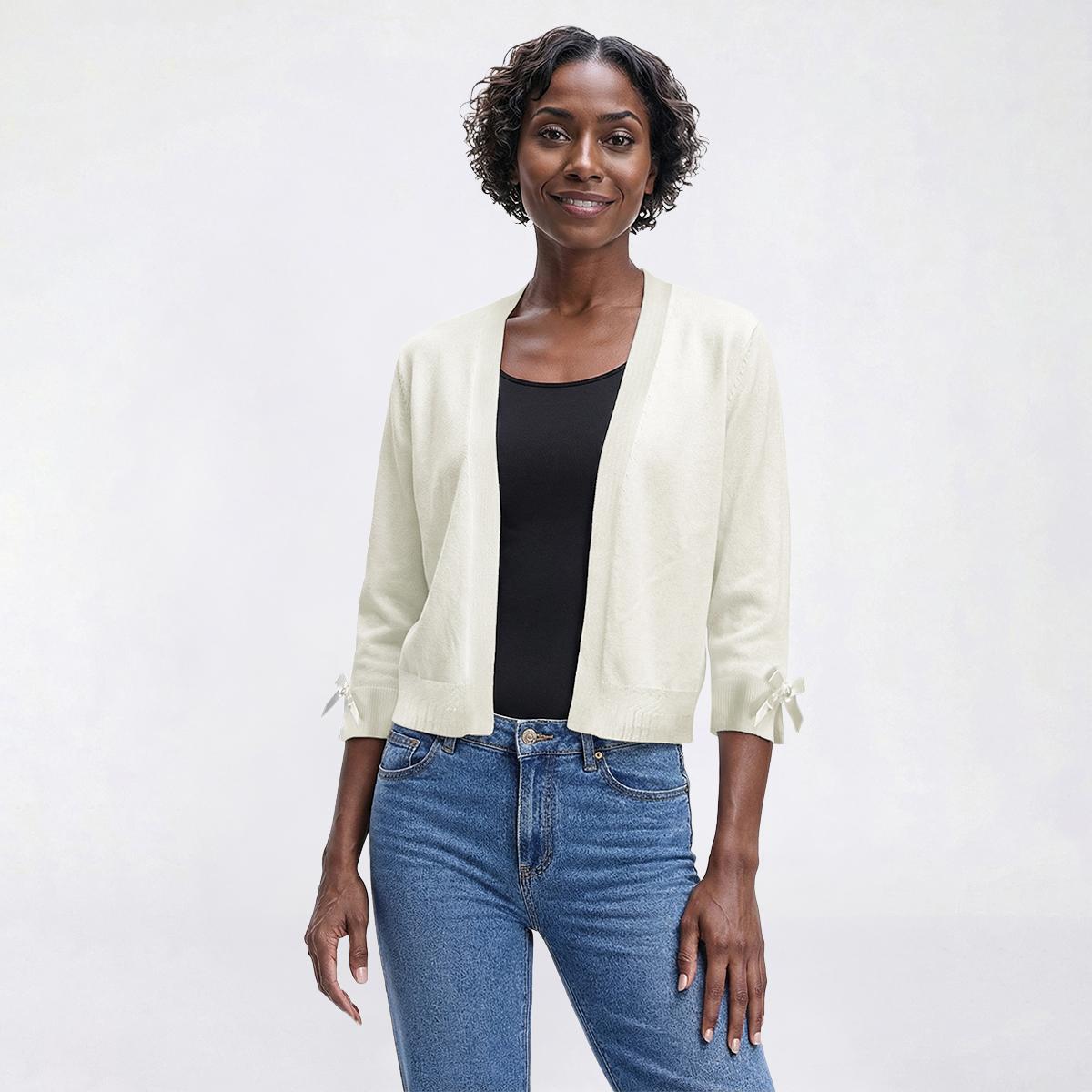 Click here for Womens Love Scarlet 3/4 Sleeve Pearl Bow Trim Shru... prices