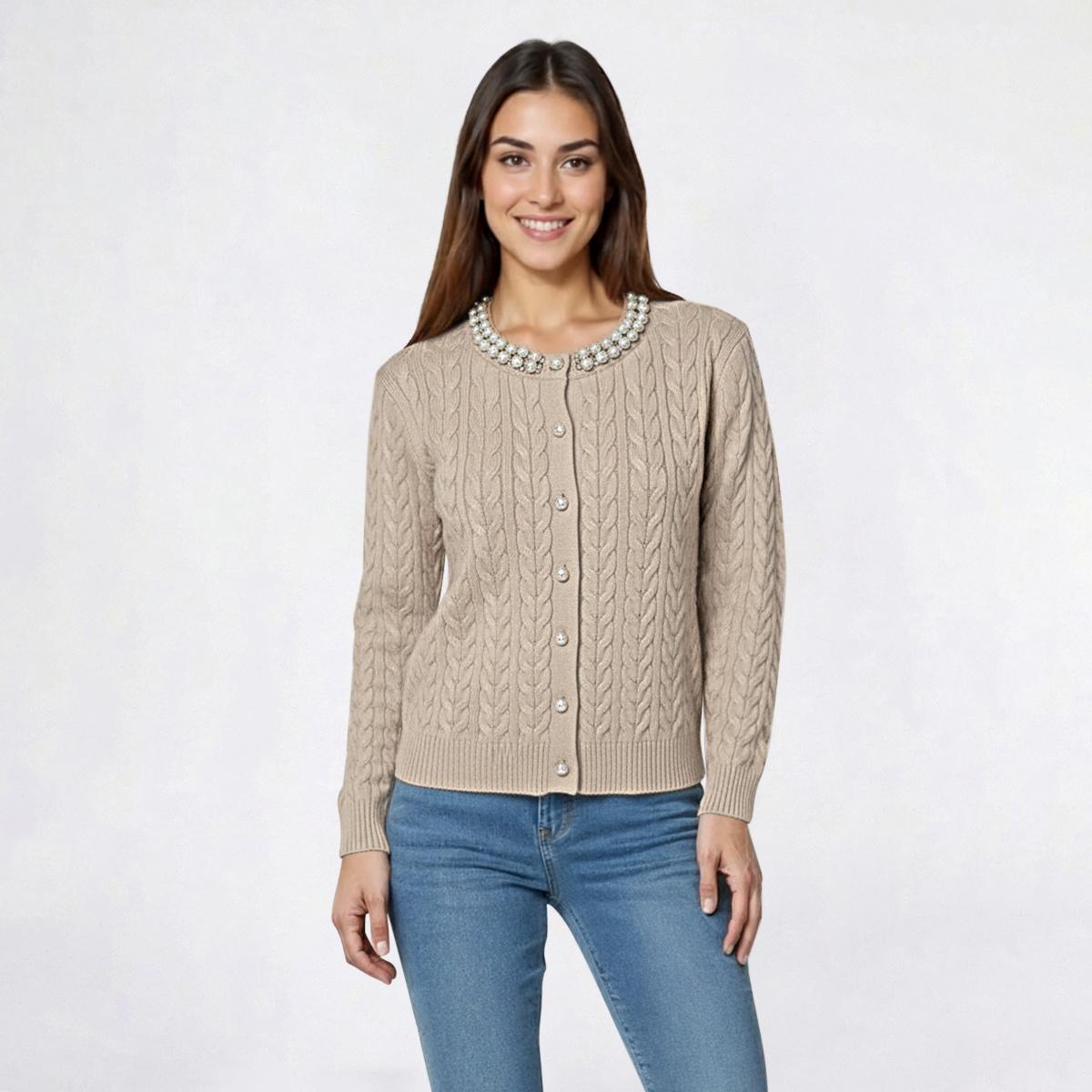 Click here for Womens Adrianna Papell Pearl Neck & Button Cable K... prices