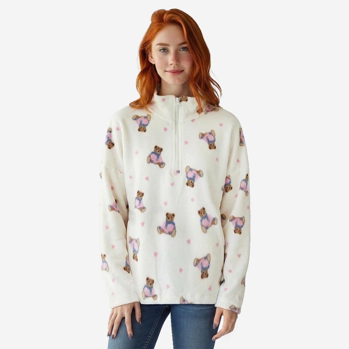 Click here for Juniors Pink Rose Bear Fleece 1/4 Zip Mock Neck Sw... prices