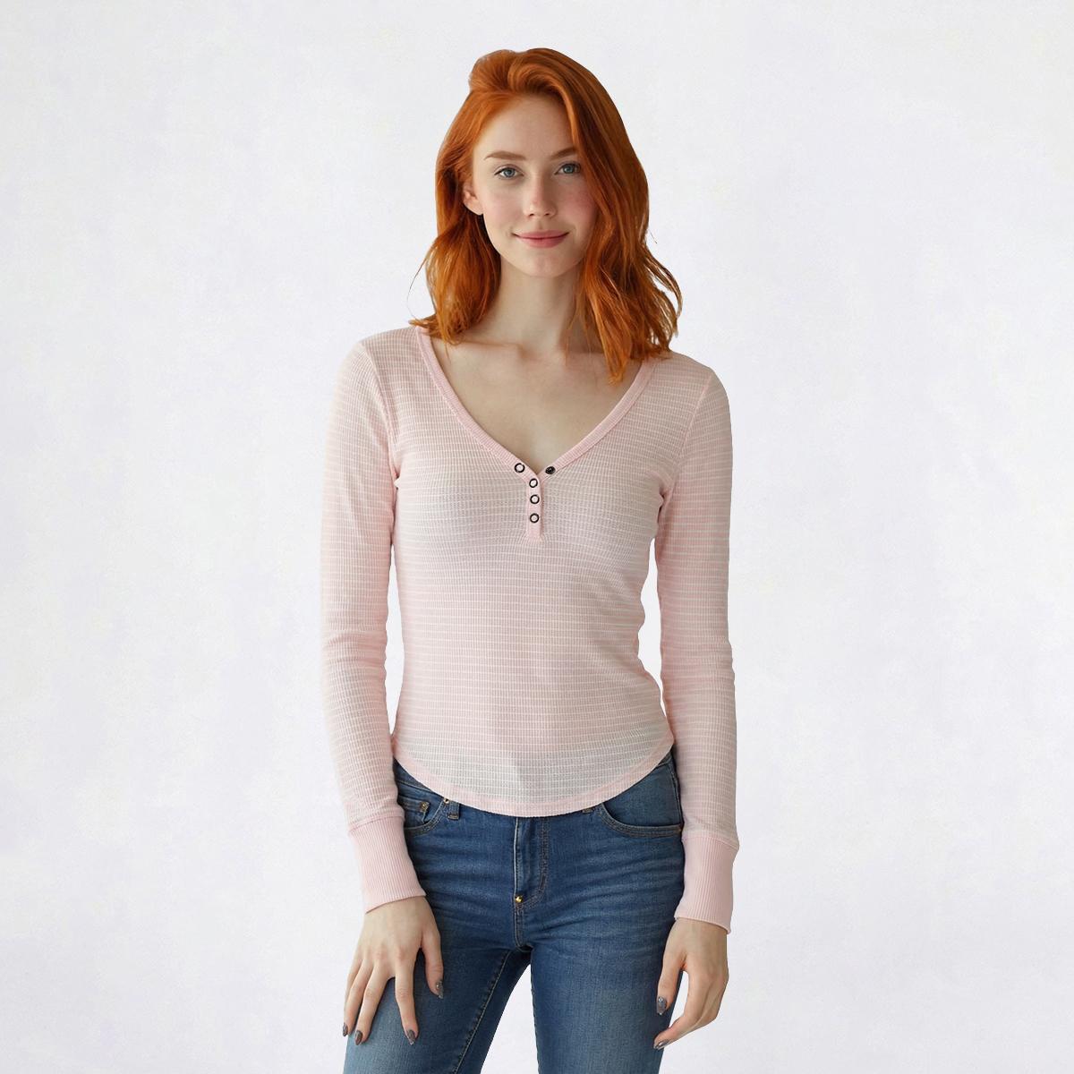 Click here for Juniors Pink Rose Soft Thermal Stripe Henley Tee prices