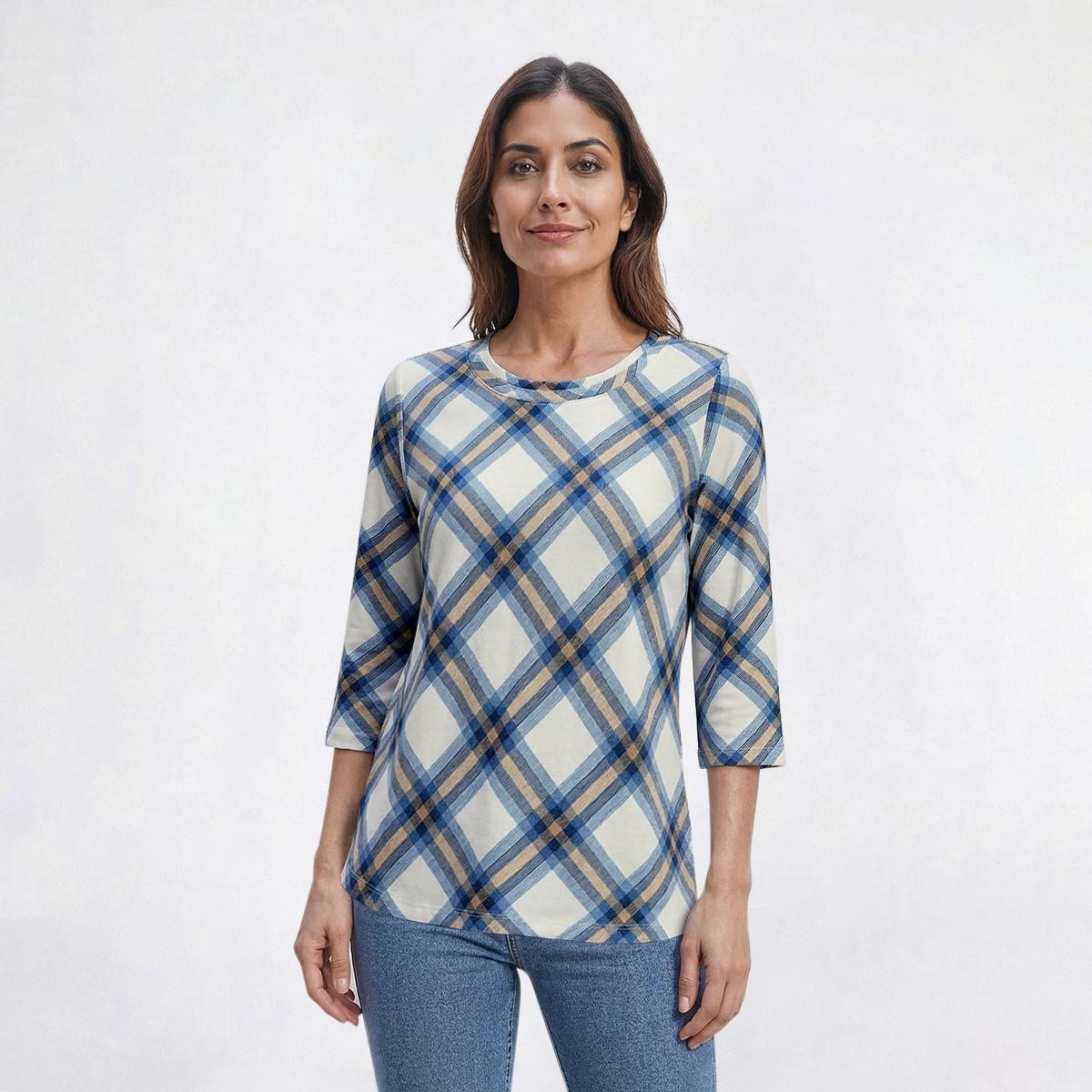 Click here for Plus Size Hasting & Smith 3/4 Sleeve Plaid Round N... prices