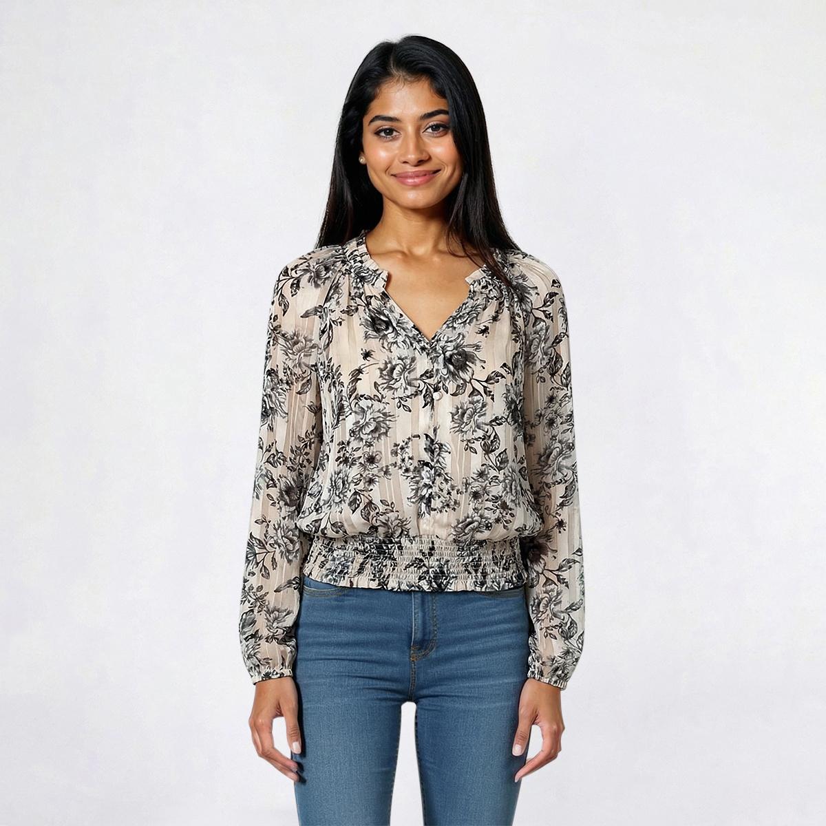 Click here for Juniors A.Byer Lurex Floral Smock Waist Cuff Blous... prices