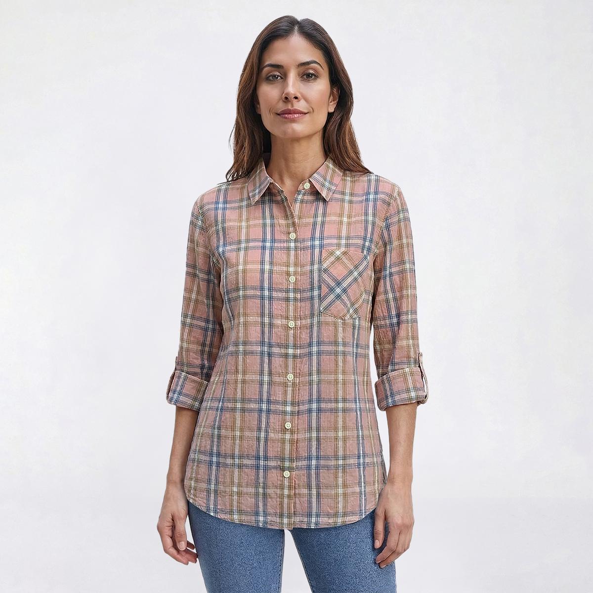 Click here for Womens Nautica Jeans Plaid Roll Tab Sleeve Casual... prices