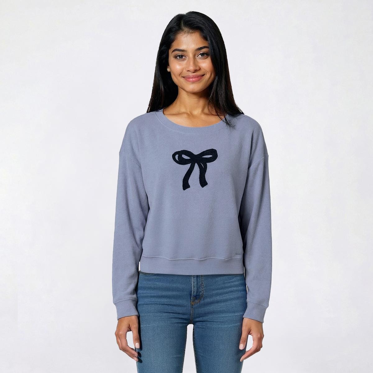 Click here for Juniors No Comment Ribbed Chenille Bow Applique Sw... prices