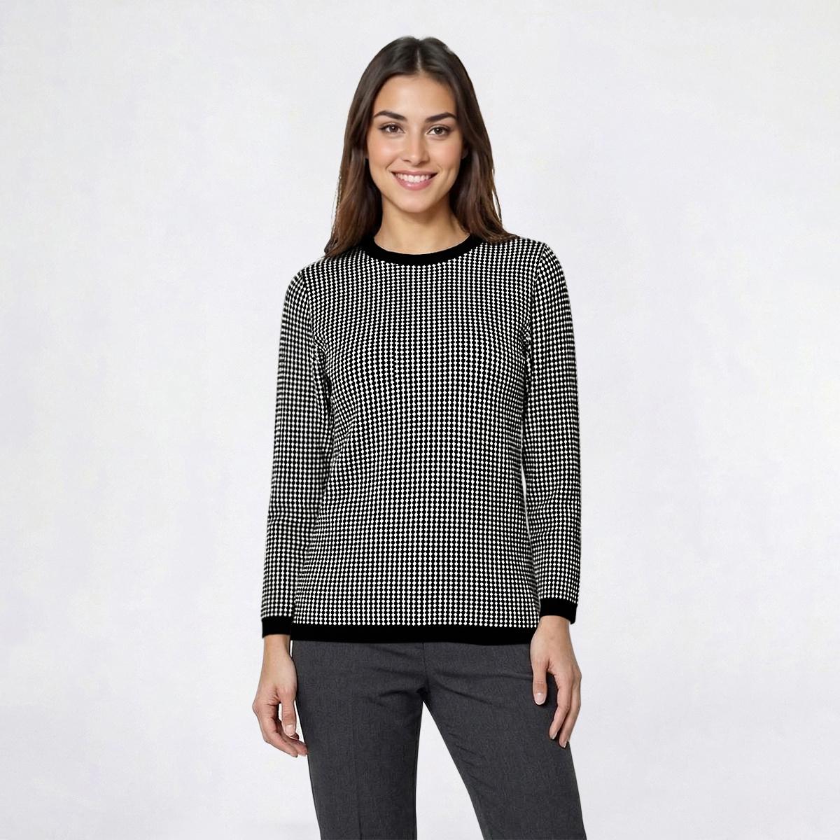 Kasper Womens Geometric-Print Crew Neck Sweater - Black/lily White