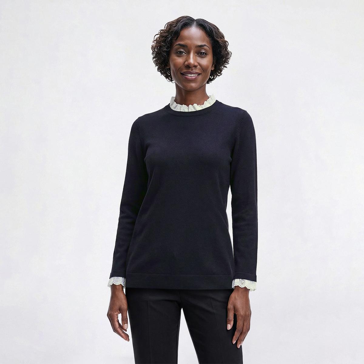 Kasper Womens Ruffle-Lace Collar Long-Sleeve Sweater - Black/White