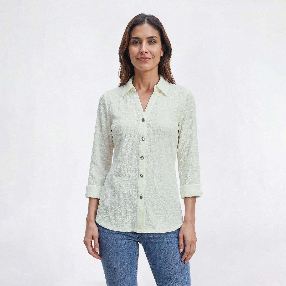 3Q Button Frt Top With Split Cuff - Vanilla Ice