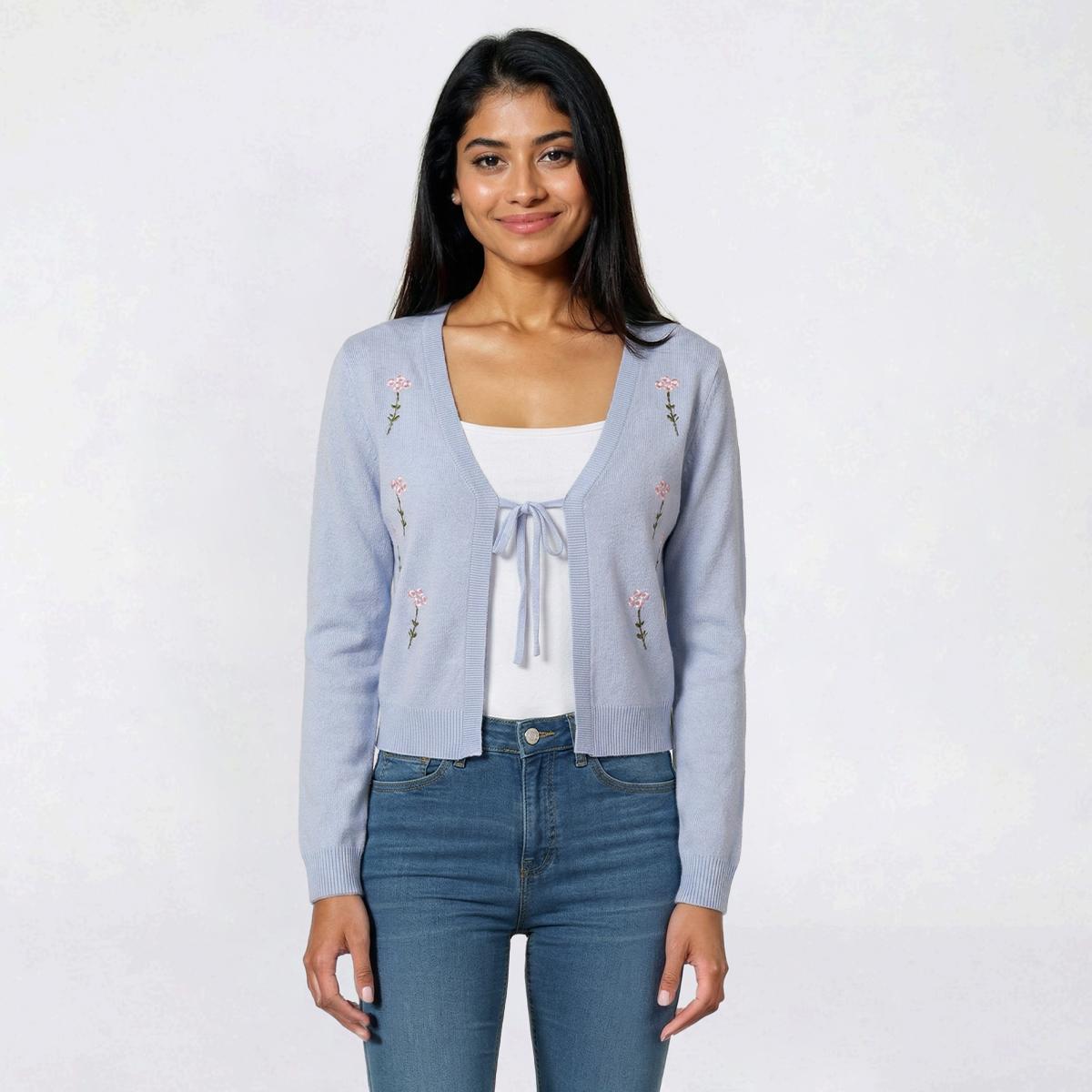 Click here for Juniors Pink Rose Flower Embroidery Tie Front Swea... prices