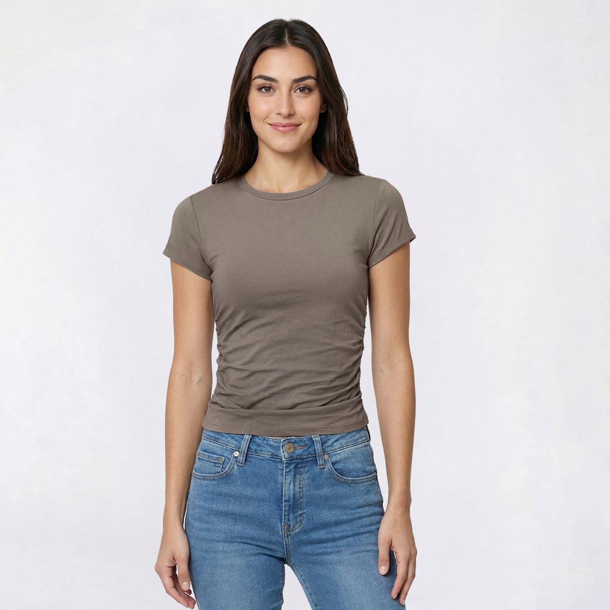 Click here for Juniors Pink Rose Modal Double Layer Side Ruch Tee prices