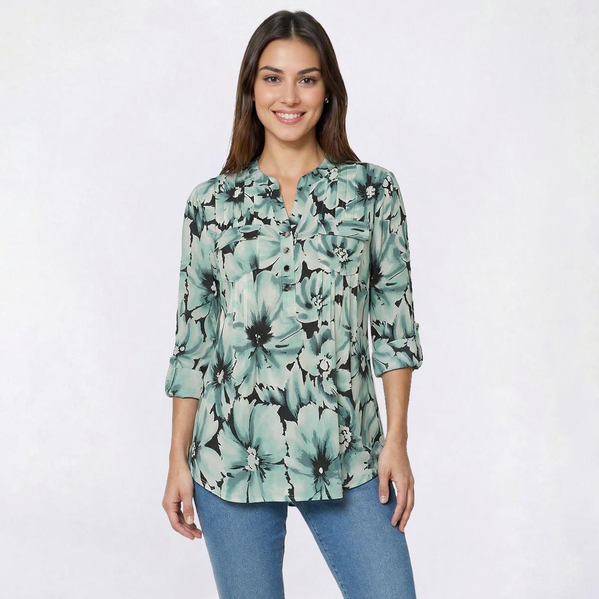 Click here for Womens Cocomo 3/4 Sleeve Pleated Split Neck Floral... prices