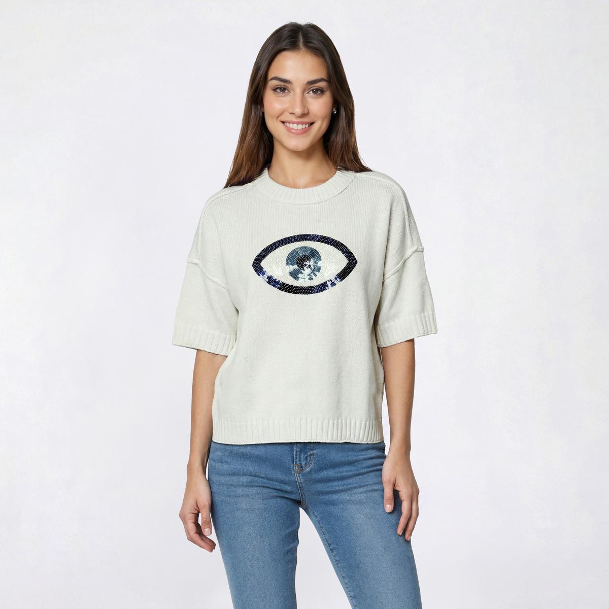 Click here for Womens Rio & Rian Drop Shoulder Sequin Evil Eye Sw... prices