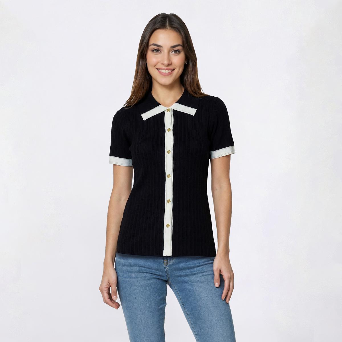 Click here for Womens Rio & Rian Short Sleeve Tipped Button Front... prices