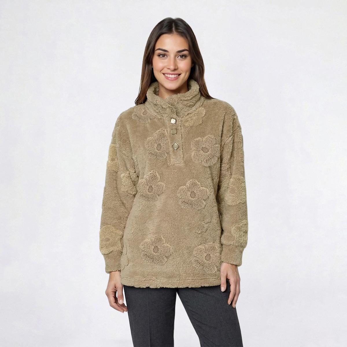 Click here for Womens Como Blu Raised Floral Sherpa Mock Neck Swe... prices