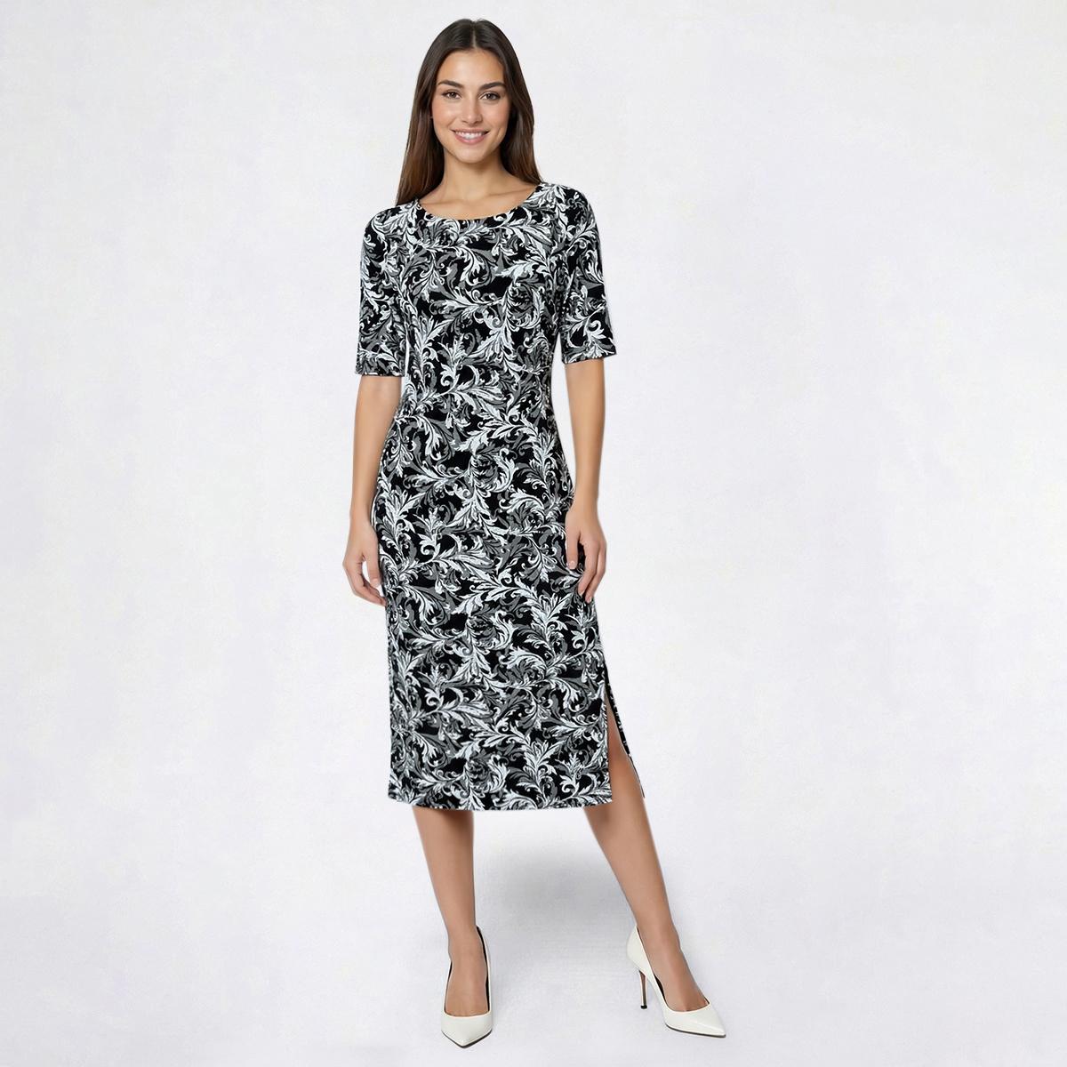 Click here for Petite Connected Apparel Elbow Sleeve Leaf Side Sl... prices
