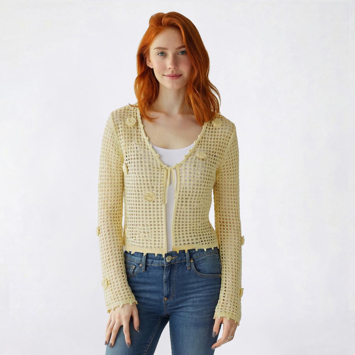 Click here for Juniors No Comment Long Sleeve Crochet Mesh Tie Fr... prices