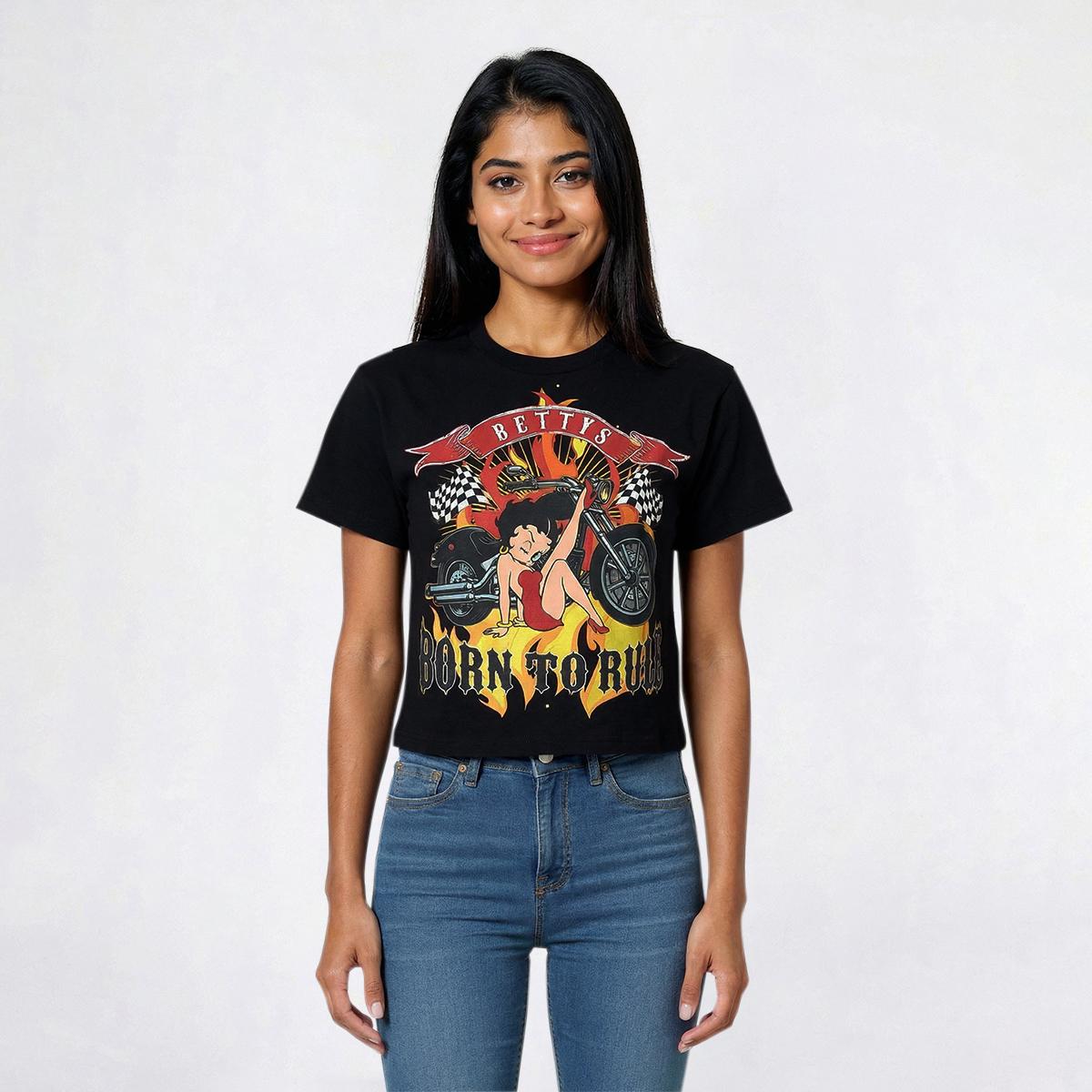 Click here for Juniors C-Life Betty Born To Rule Crop Graphic Tee prices