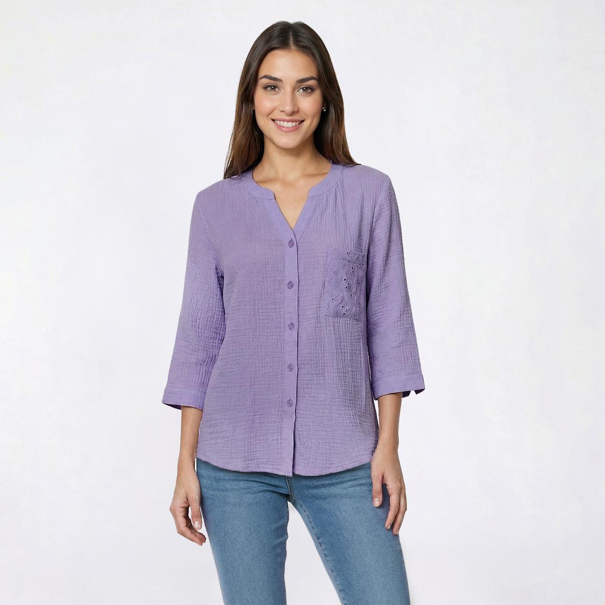 Click here for Petite Napa Valley 3/4 Sleeve Button Front Gauze B... prices