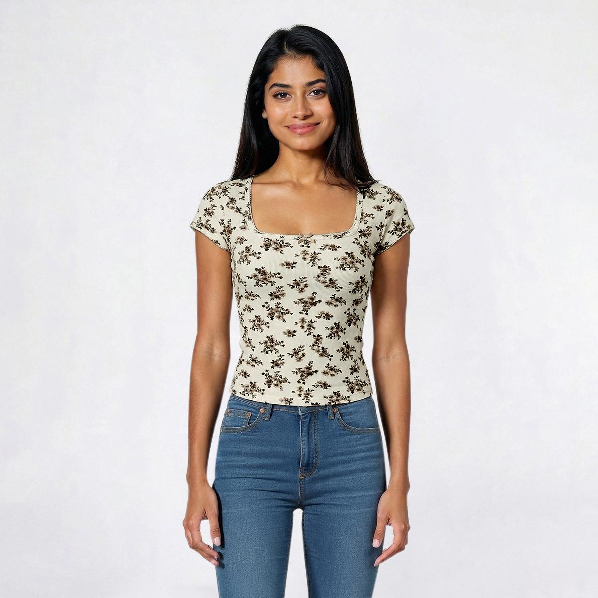 Click here for Juniors Madden Girl Floral Ribbed Square Neck Tee... prices