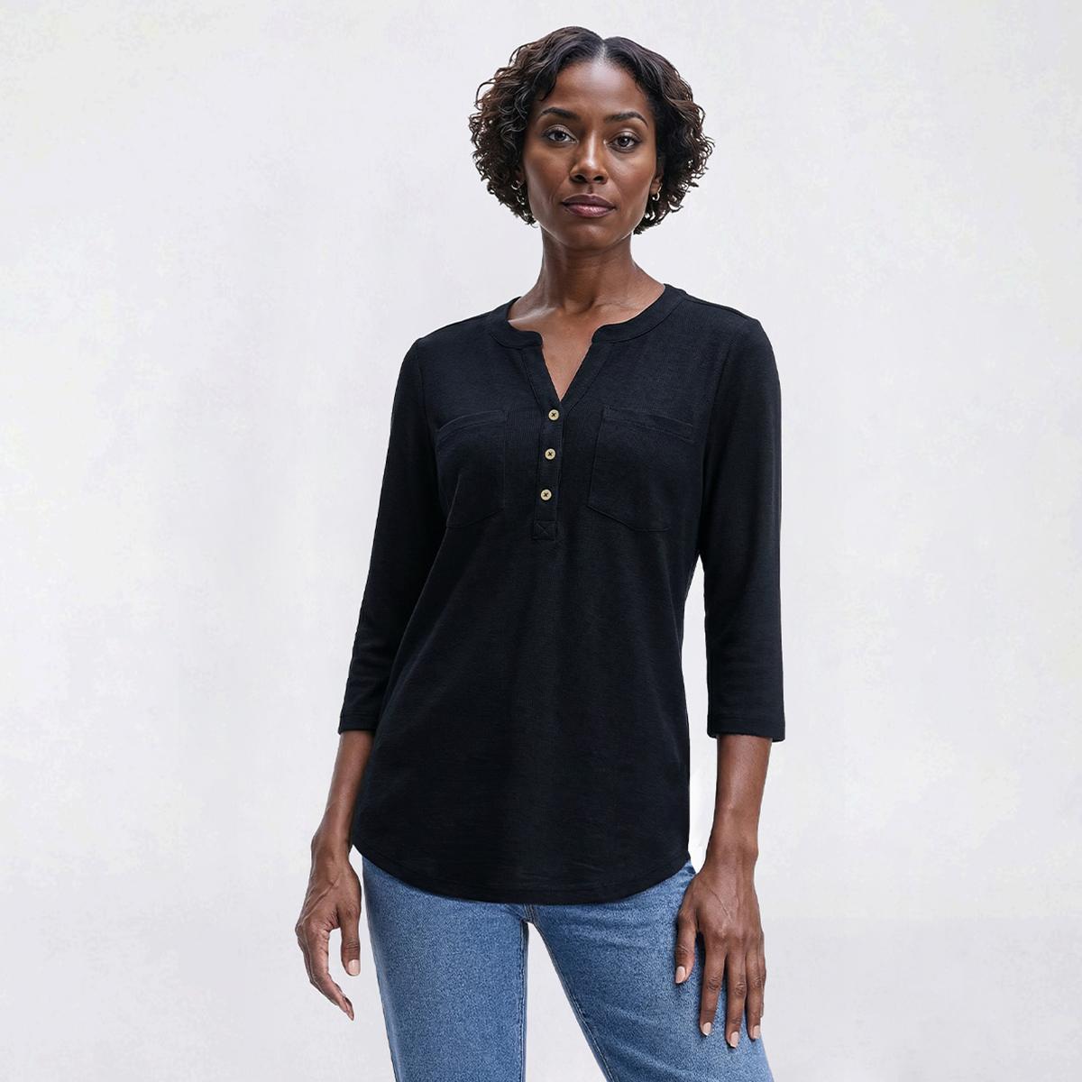 Click here for Petite Emily Daniels 3/4 Sleeve Solid Henley Blous... prices