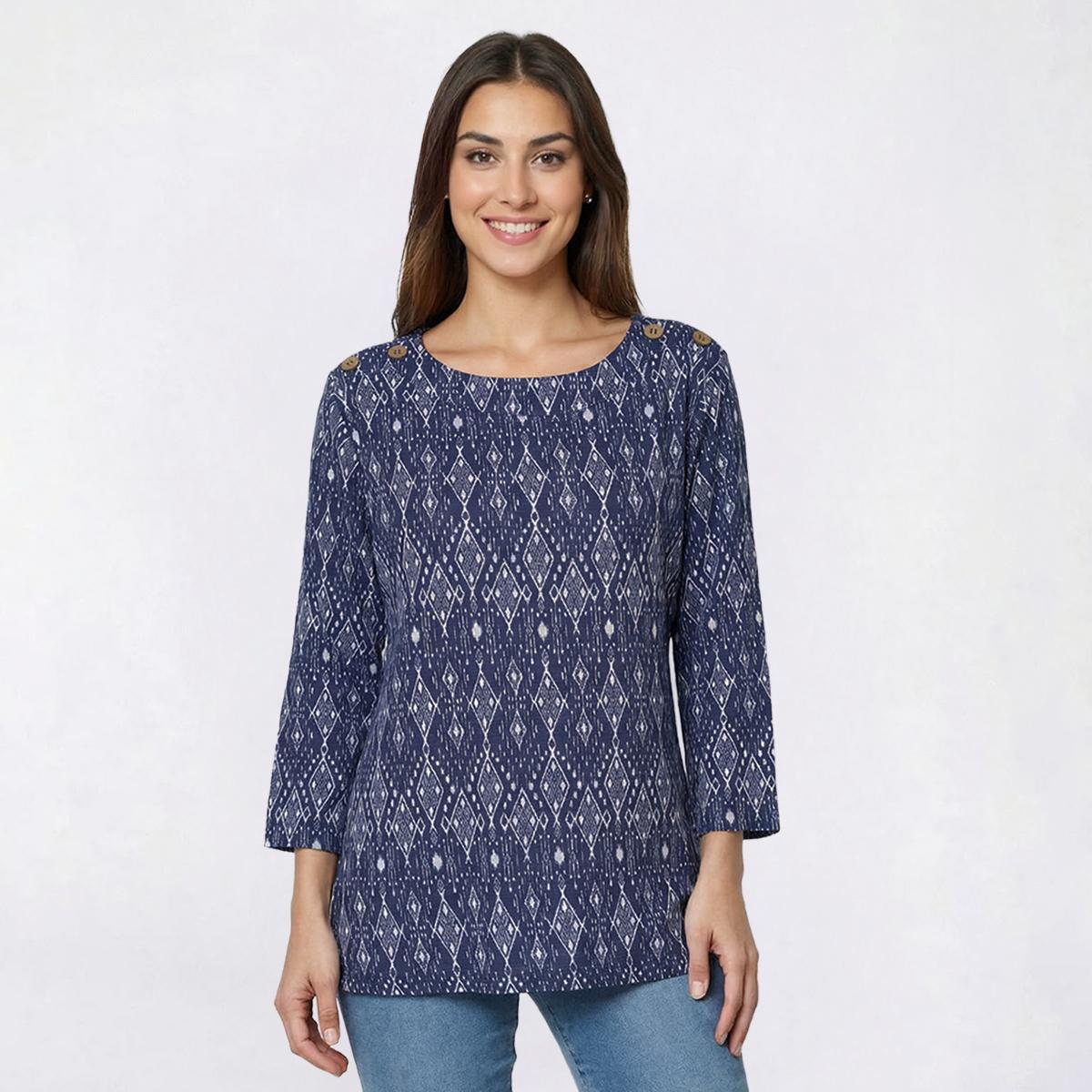 Click here for Plus Size Emily Daniels 3/4 Sleeve Ikat Button Sho... prices