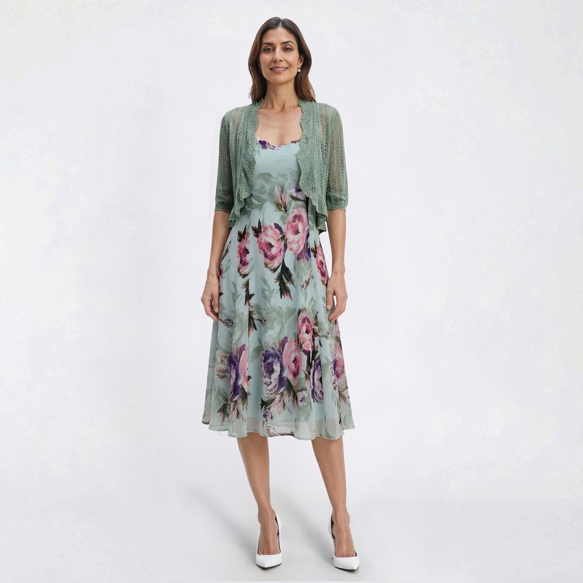 Connected Plus Size 2-Pc. Floral Chiffon Sleeveless Dress and Ruffle-Front Jacket - Sge