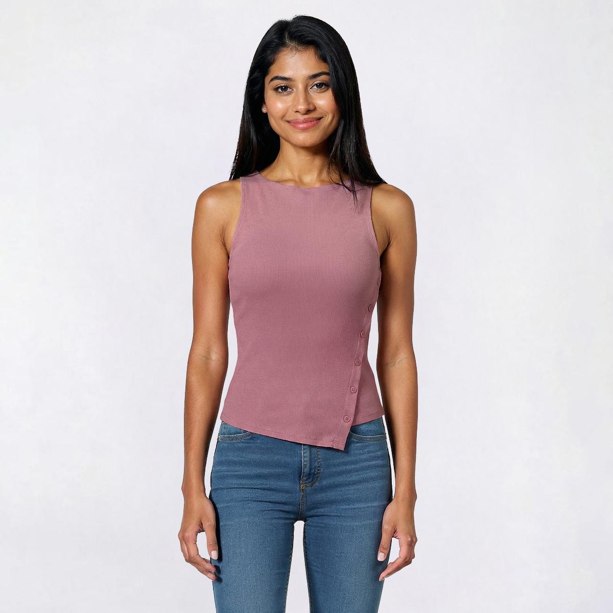 Click here for Juniors No Comment Asymmetrical Button Ribbed Tank... prices