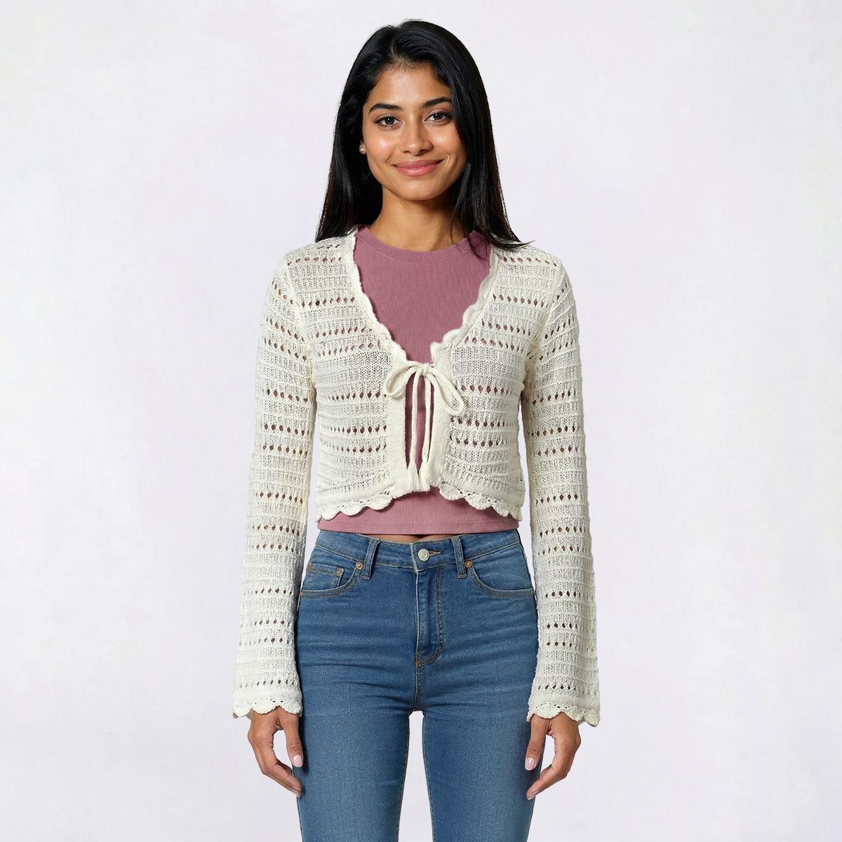 Click here for Juniors Pink Rose Long Sleeve Pointelle Tie Front... prices