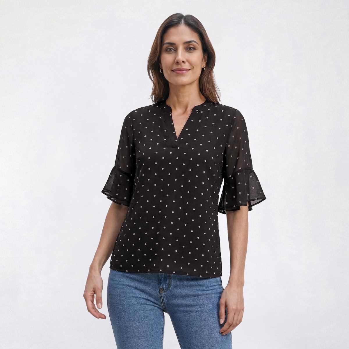 Click here for Petite Anne Klein 3/4 Double Ruffle Sleeve Dotted... prices