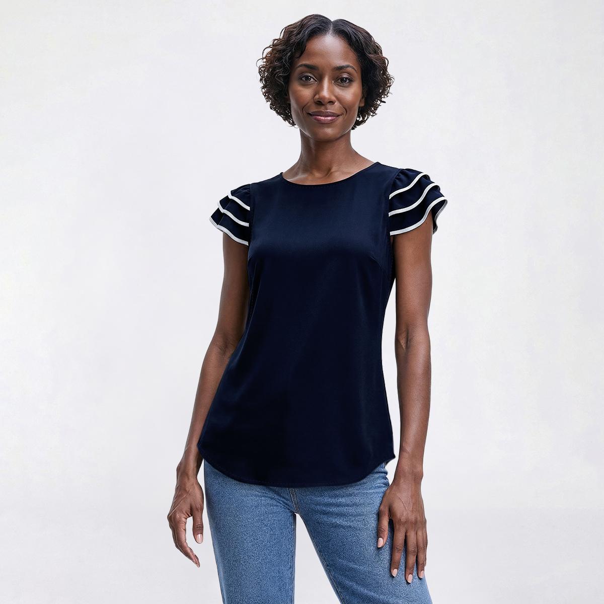 Click here for Womens Adrianna Papell Triple Ruffle Tipping Sleev... prices