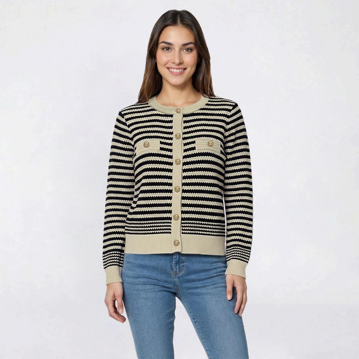 Click here for Womens Adrianna Papell Pointelle Stripe Button Fro... prices