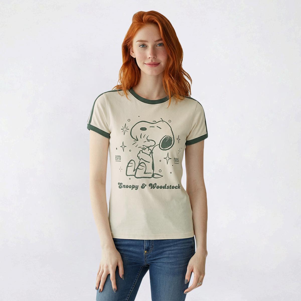 Click here for Juniors C-Life Snoopy Woodstock Ringer Baby Tee St... prices