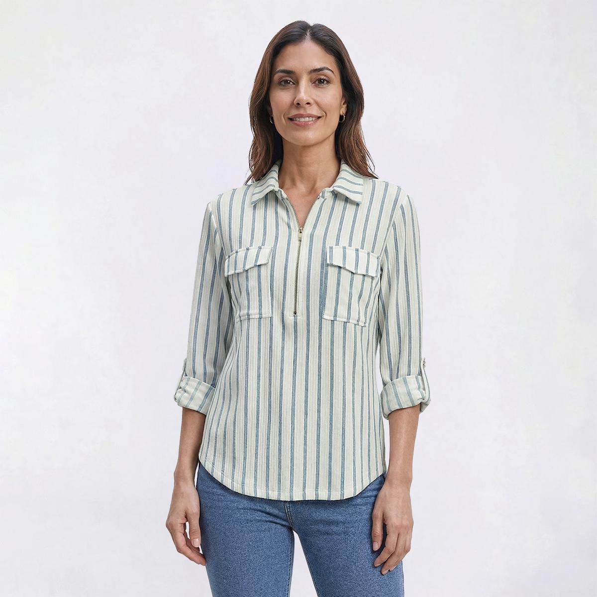 Click here for Womens Cure Roll Tab Sleeve 1/4 Zip Stripe Blouse prices