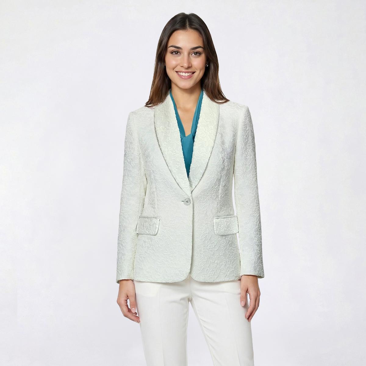 Click here for Petite Kasper Long Sleeve Shawl Collar Bonded Lace... prices