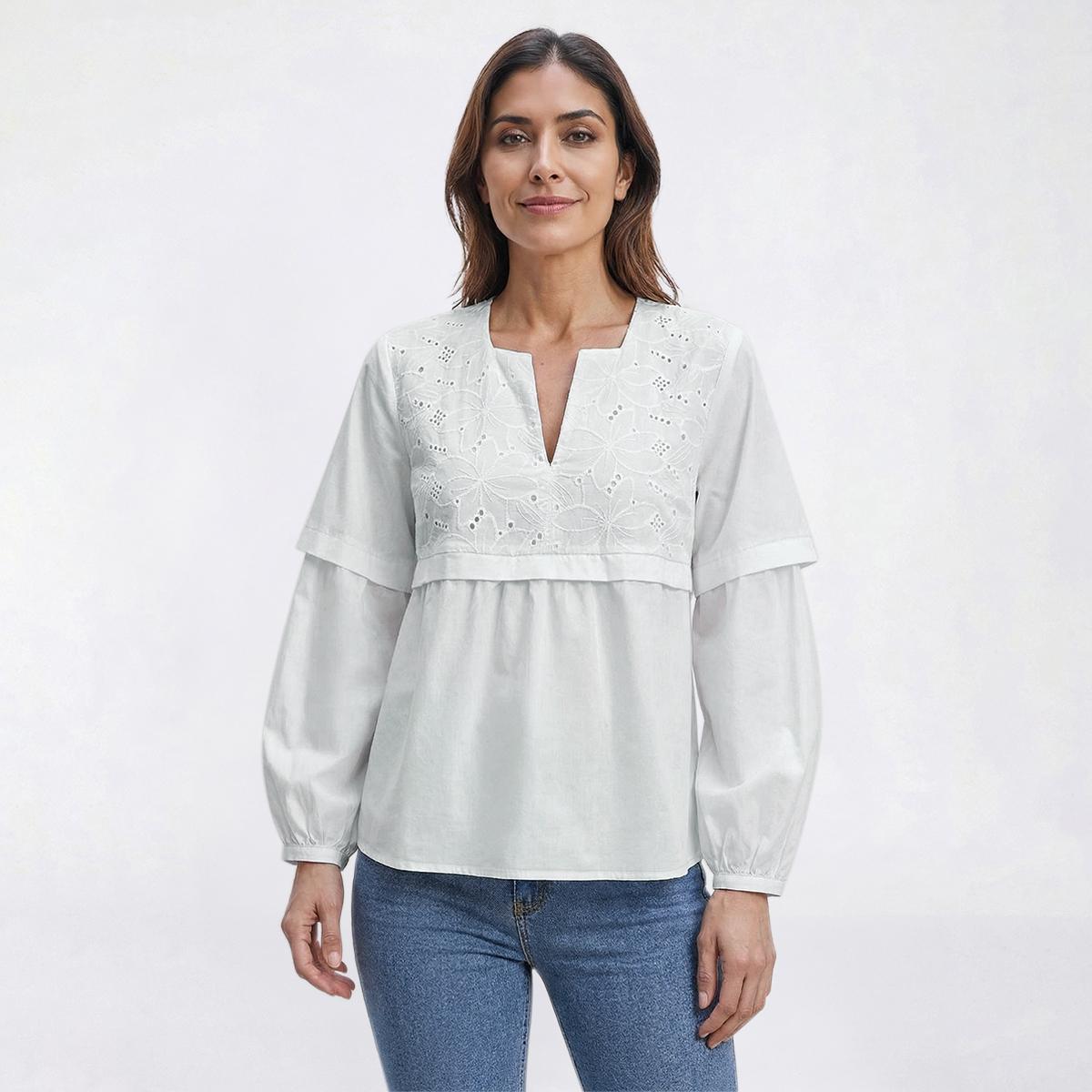 Click here for Womens Nicole Miller Long Sleeve Split Neck Eyelet... prices