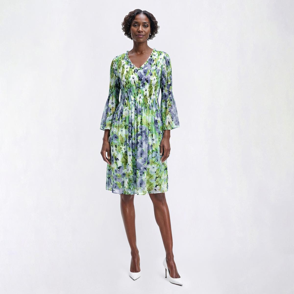 Click here for Womens Emma & Michele Floral Pleated V Neck A-Line... prices