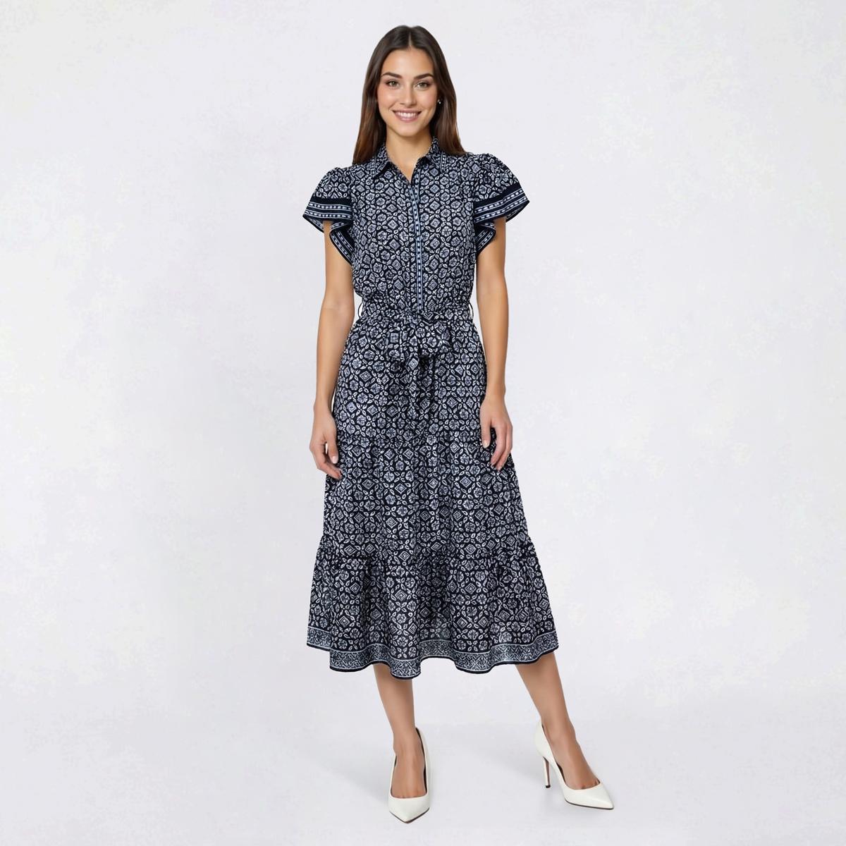 Click here for Womens Perceptions Flutter Sleeve Geometric Airflo... prices