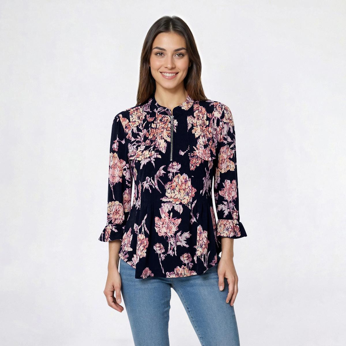 Click here for Petite Cocomo 3/4 Sleeve Floral 1/2 Henley Blouse prices