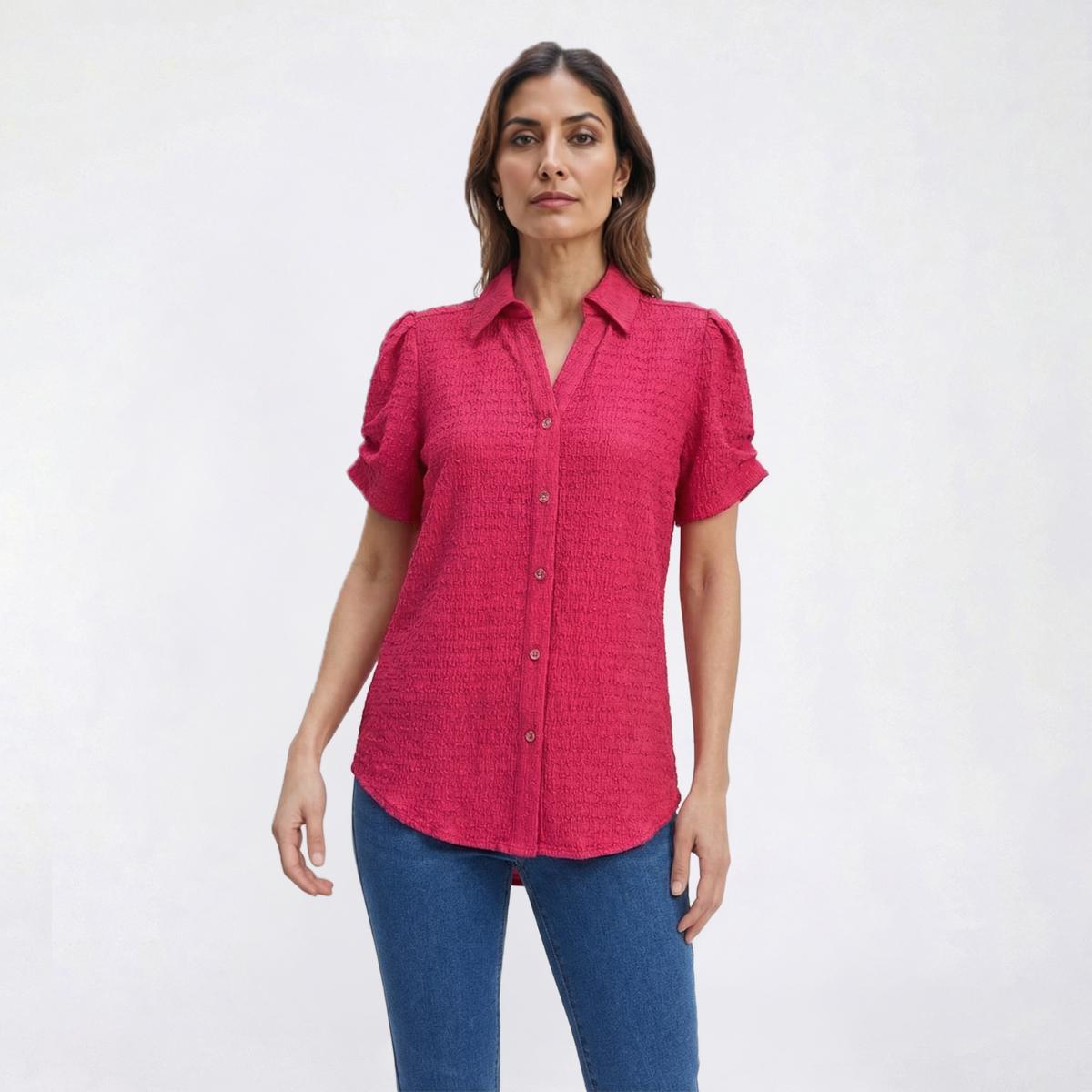 Click here for Womens Kasper Short Pleat Sleeve Button Front Blou... prices