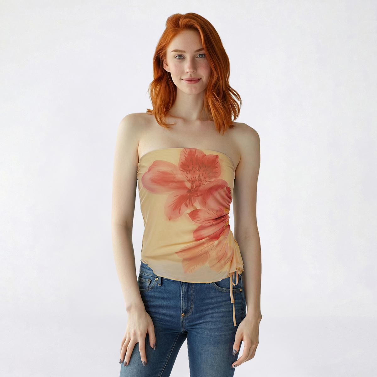 Click here for Juniors Madden Girl Floral Mesh Side Ruched Tube T... prices