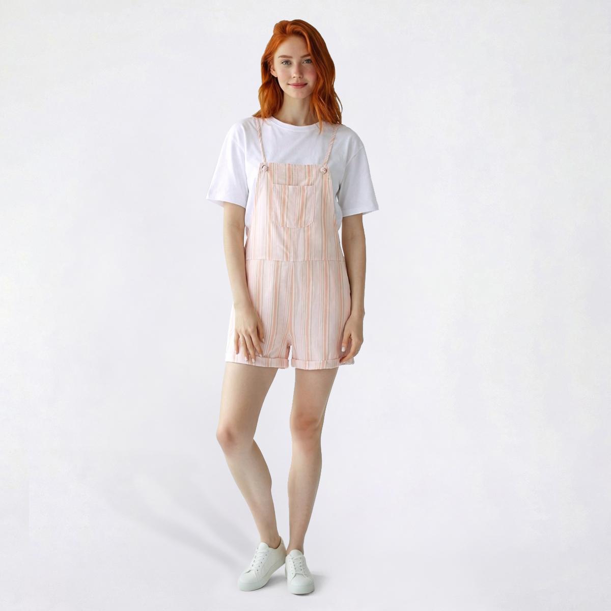 Click here for Juniors No Comment Linen Like Stripe Cuff Romper prices